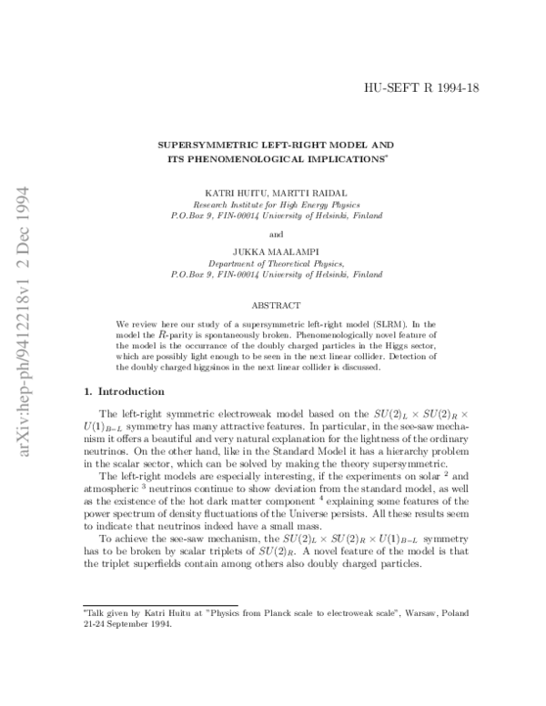 (PDF) Supersymmetric Left-Right Model and Its Phenomenological Implications