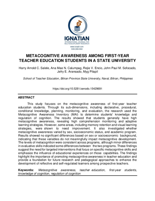 (PDF) METACOGNITIVE AWARENESS AMONG FIRST YEAR TEACHER EDUCATION STUDENTS IN A STATE UNIVERSITY