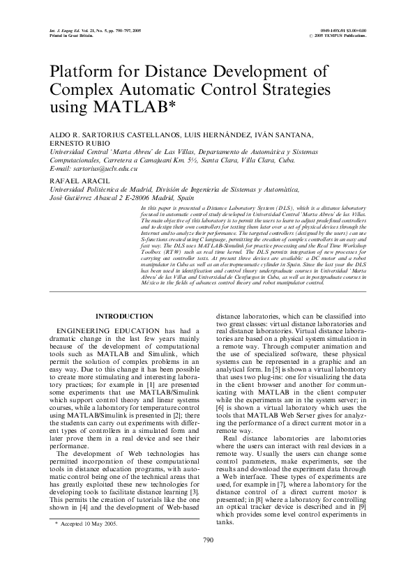 (PDF) Platform for distance development of complex automatic control strategies using MATLAB