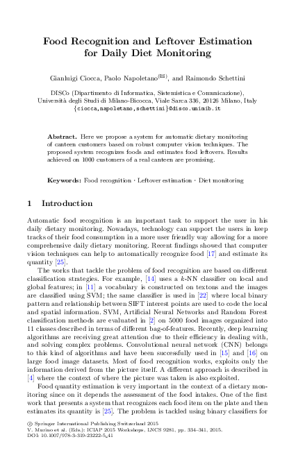 (PDF) Food Recognition and Leftover Estimation for Daily Diet Monitoring