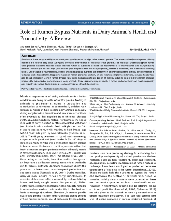 (PDF) Role of Rumen Bypass Nutrients in Dairy Animal's Health and ...