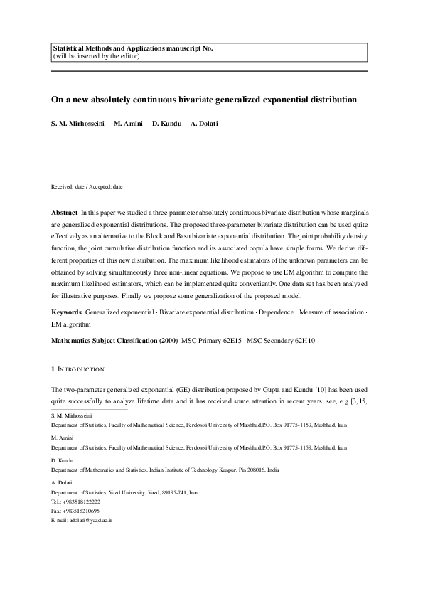 (PDF) On a new absolutely continuous bivariate generalized exponential ...