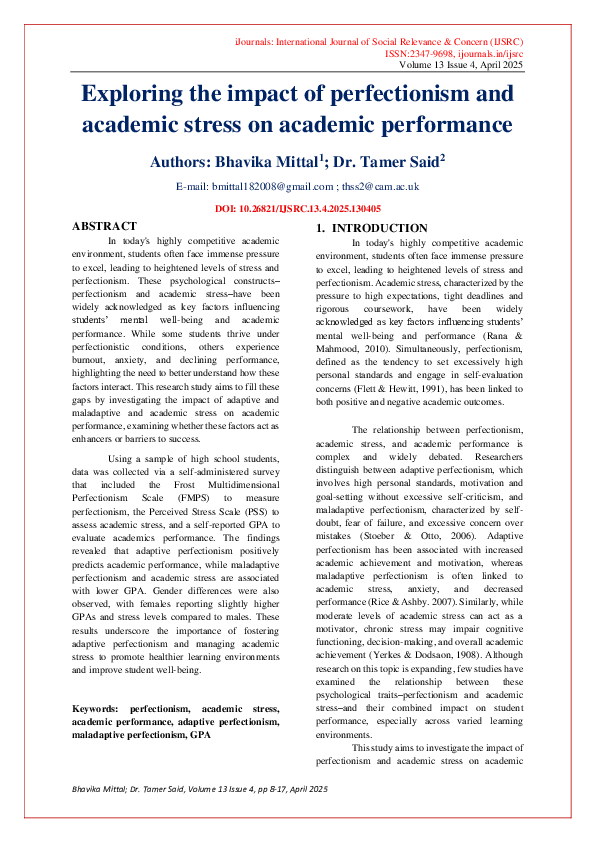 (PDF) Exploring the impact of perfectionism and academic stress on ...