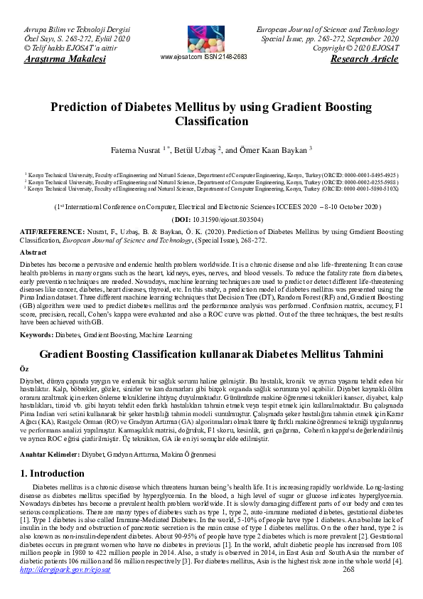 (PDF) Gradient Boosting Classification kullanarak Diabetes Mellitus Tahmini