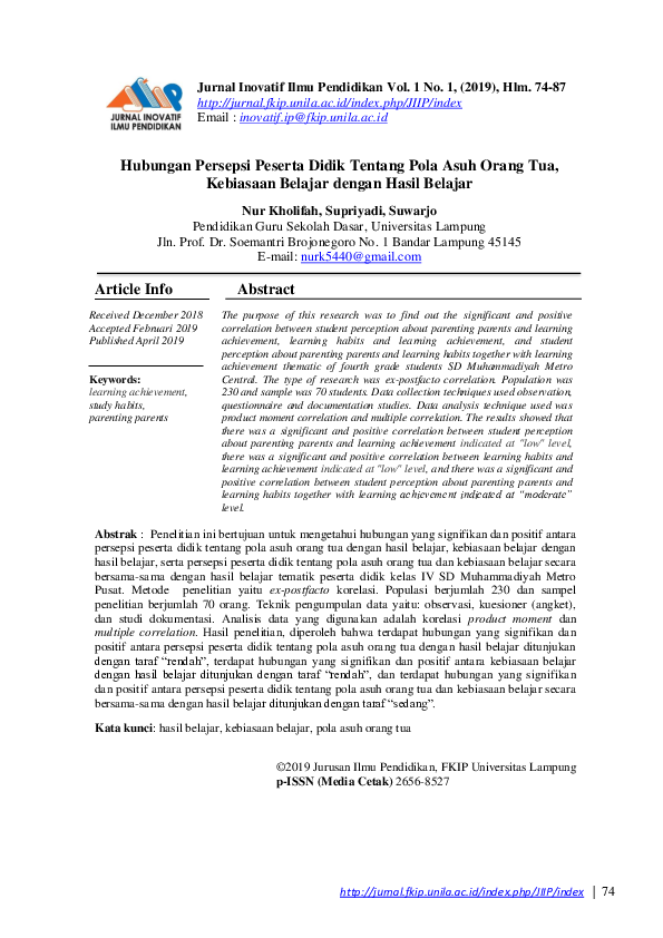 (PDF) Hubungan Persepsi Peserta Didik Tentang Pola Asuh Orang Tua, Kebiasaan Belajar dengan ...