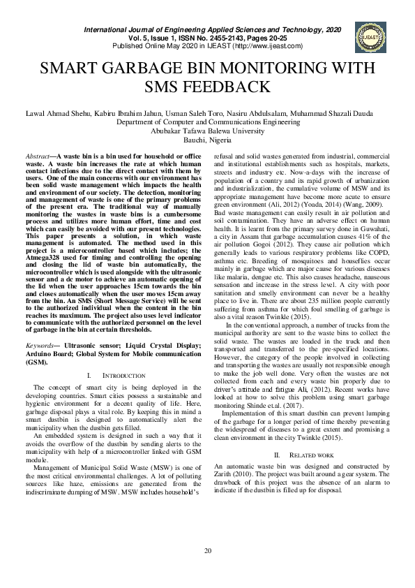 (PDF) Smart Garbage Bin Monitoring with SMS Feedback