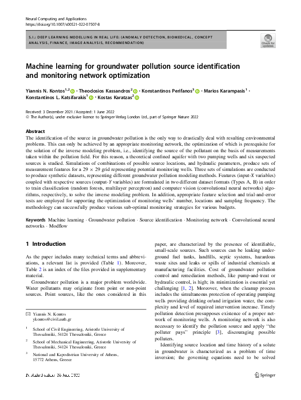 (PDF) Machine learning for groundwater pollution source identification and monitoring network ...