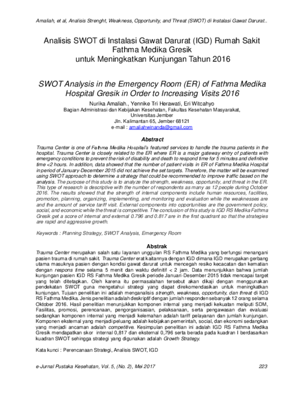 (PDF) Analisis SWOT di Instalasi Gawat Darurat (IGD) Rumah Sakit Fathma ...