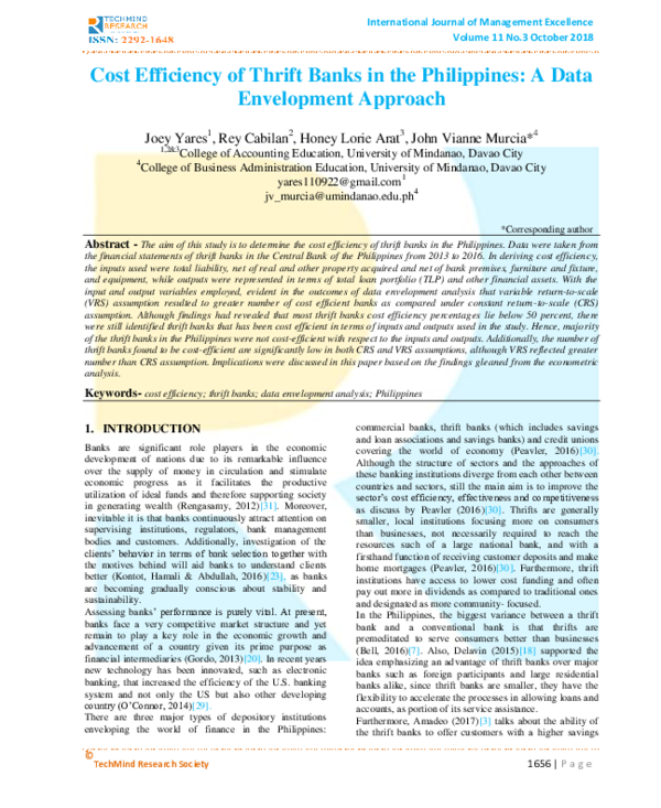 (PDF) Cost Efficiency of Thrift Banks in the Philippines: A Data ...
