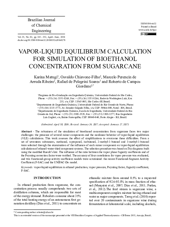 (PDF) Vapor-Liquid Equilibrium Calculation for Simulation of Bioethanol Concentration from Sugarcane