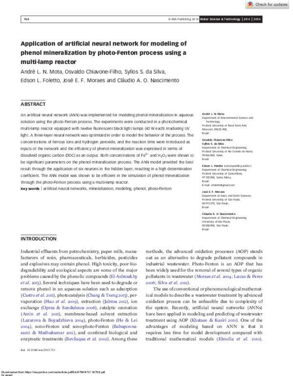 (PDF) Application of artificial neural network for modeling of phenol mineralization by photo ...