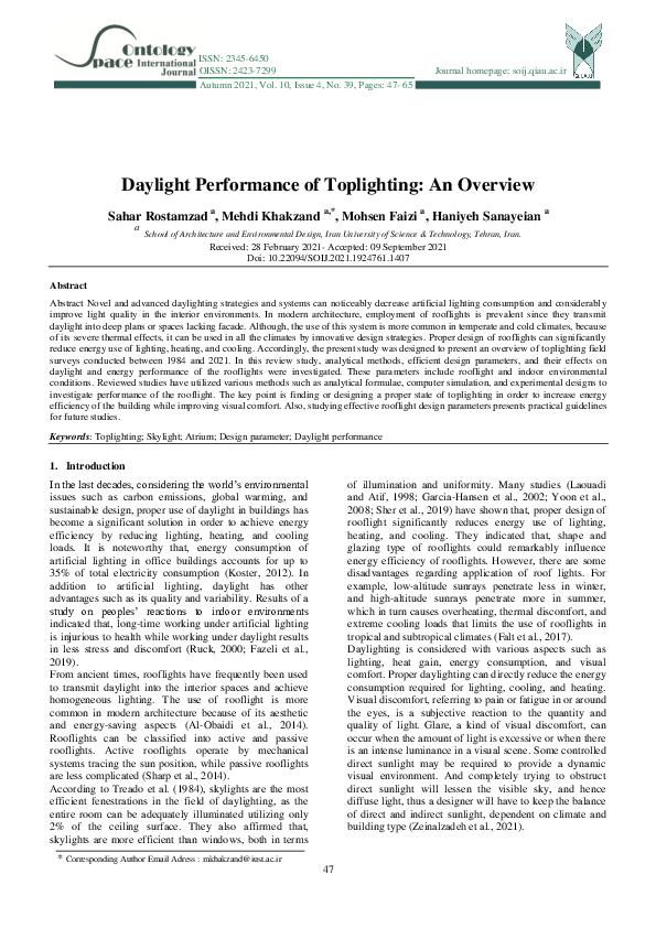 (PDF) Daylight performance of toplighting: An overview
