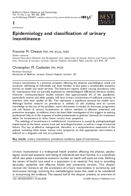 (PDF) Epidemiology and classification of urinary incontinence