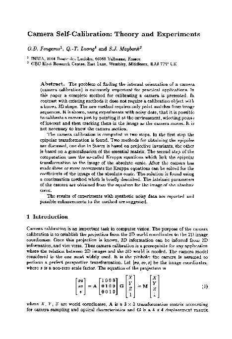 (PDF) Camera self-calibration: Theory and experiments