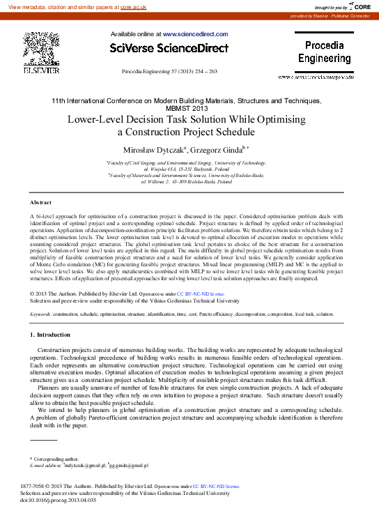 (PDF) Lower-Level Decision Task Solution While Optimising a Construction Project Schedule