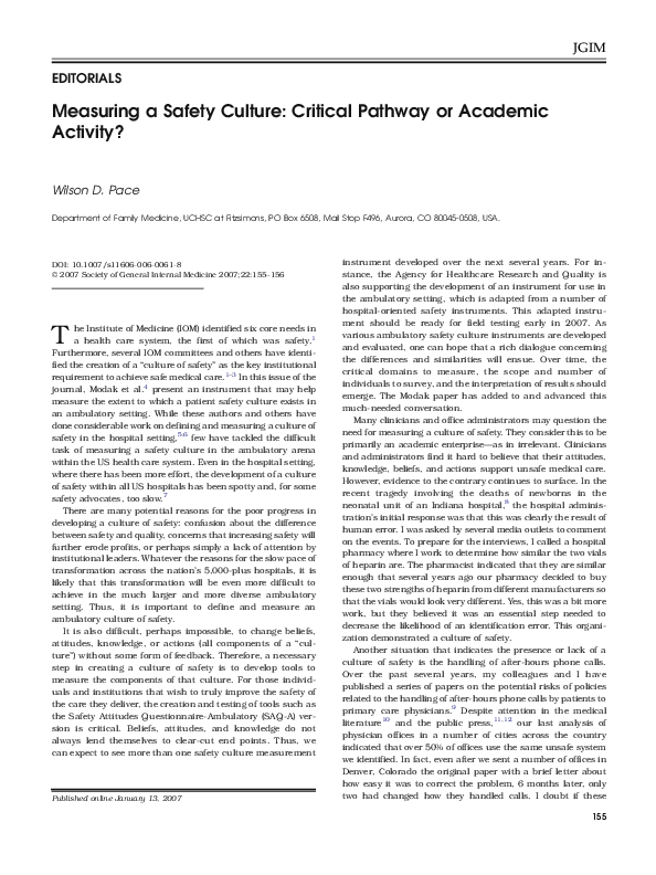 (PDF) Measuring a Safety Culture: Critical Pathway or Academic Activity?