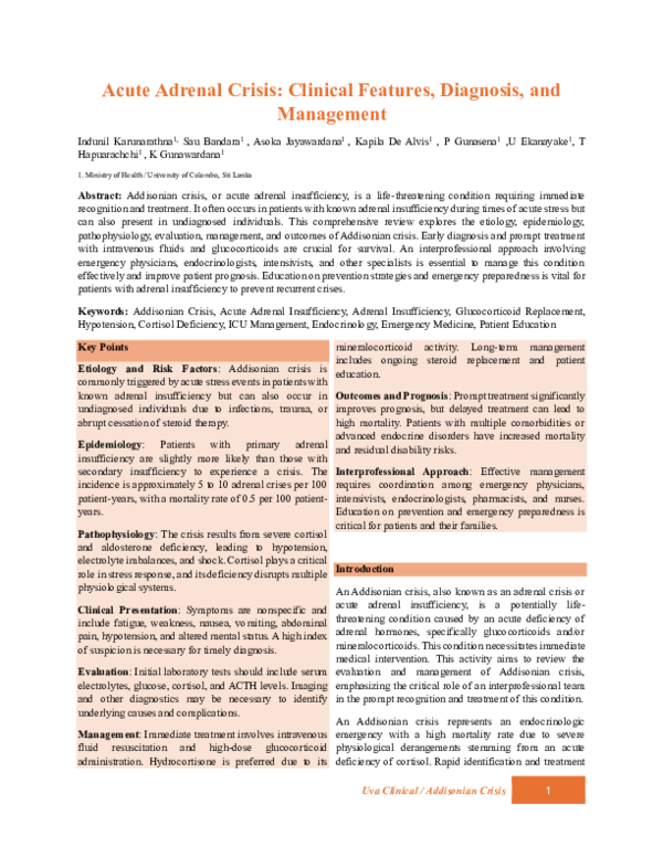 (PDF) Acute Adrenal Crisis: Clinical Features, Diagnosis, and Management