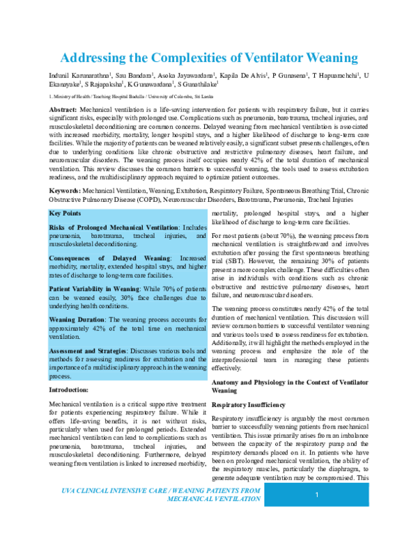 (PDF) Addressing the Complexities of Ventilator Weaning