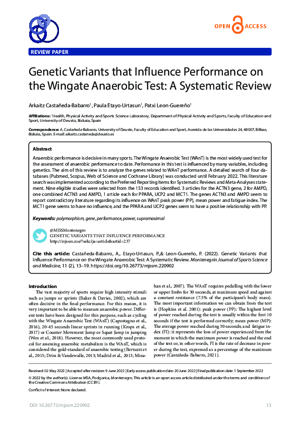 (PDF) Genetic Variants that Influence Performance on the Wingate ...