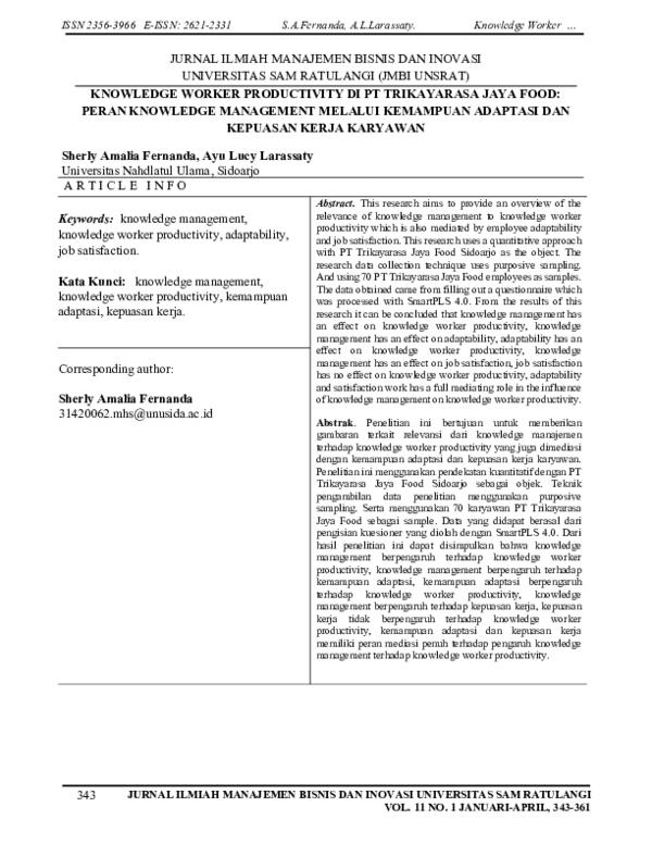 (PDF) Knowledge Worker Productivity DI PT Trikayarasa Jaya Food: Peran Knowledge Management ...
