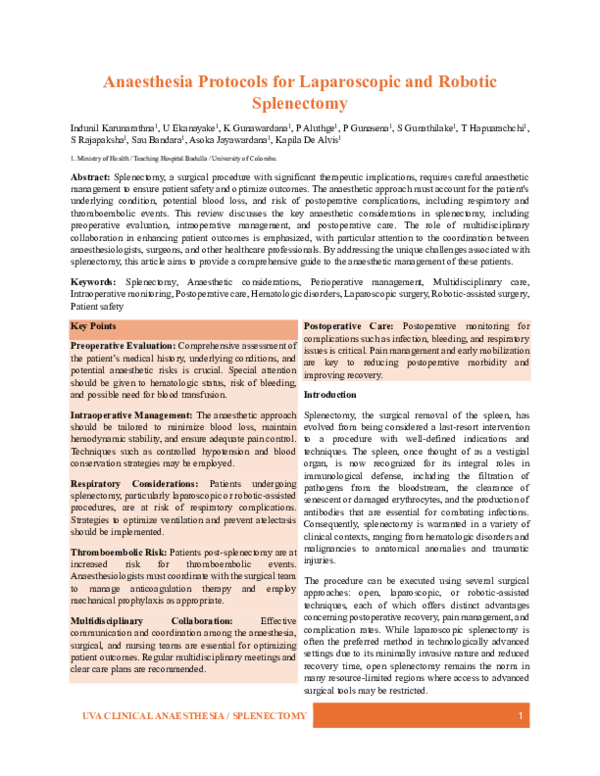 (PDF) Anaesthesia Protocols for Laparoscopic and Robotic Splenectomy