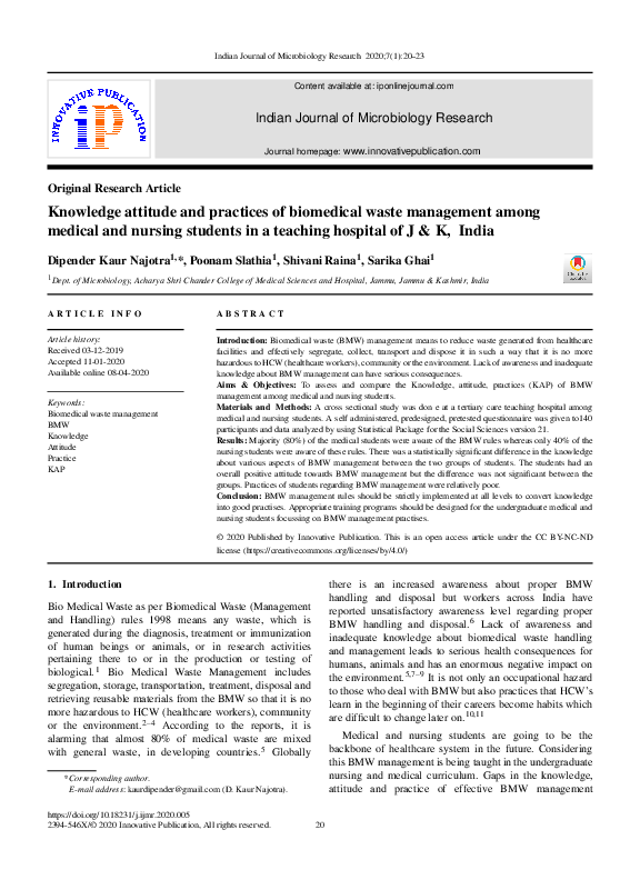 (PDF) Knowledge attitude and practices of biomedical waste management among medical and nursing ...