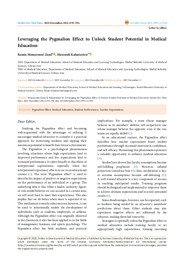 (PDF) Leveraging the Pygmalion Effect to Unlock Student Potential in ...