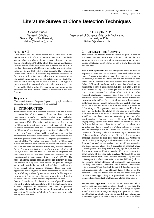 (PDF) Literature Survey of Clone Detection Techniques
