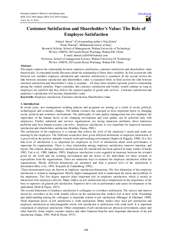 (PDF) Customer Satisfaction and Shareholder’s Value: The Role of ...