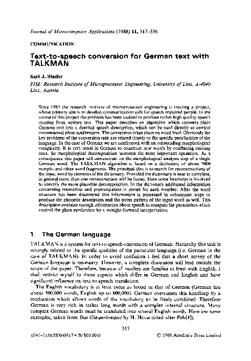 (PDF) Text-to-speech conversion for German text with TALKMAN