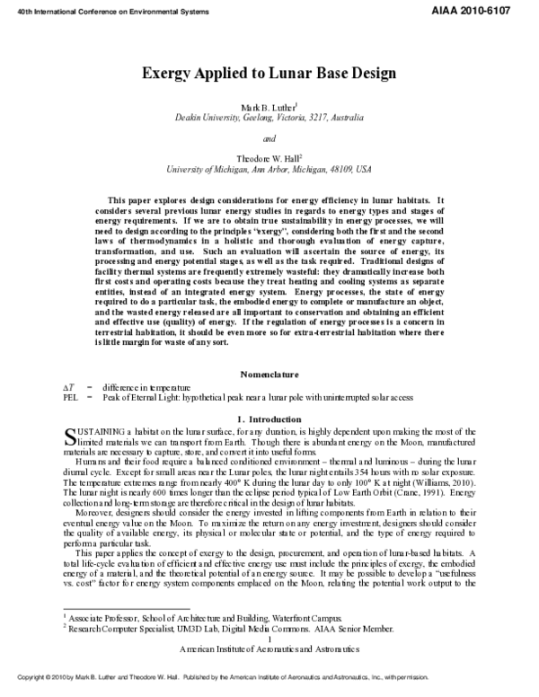 (PDF) Exergy Applied to Lunar Base Design