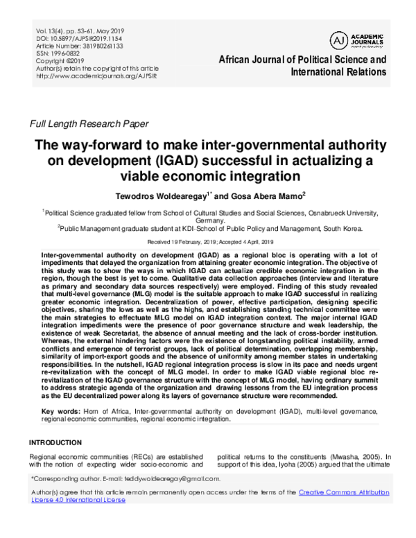 (PDF) The way-forward to make inter-governmental authority on ...
