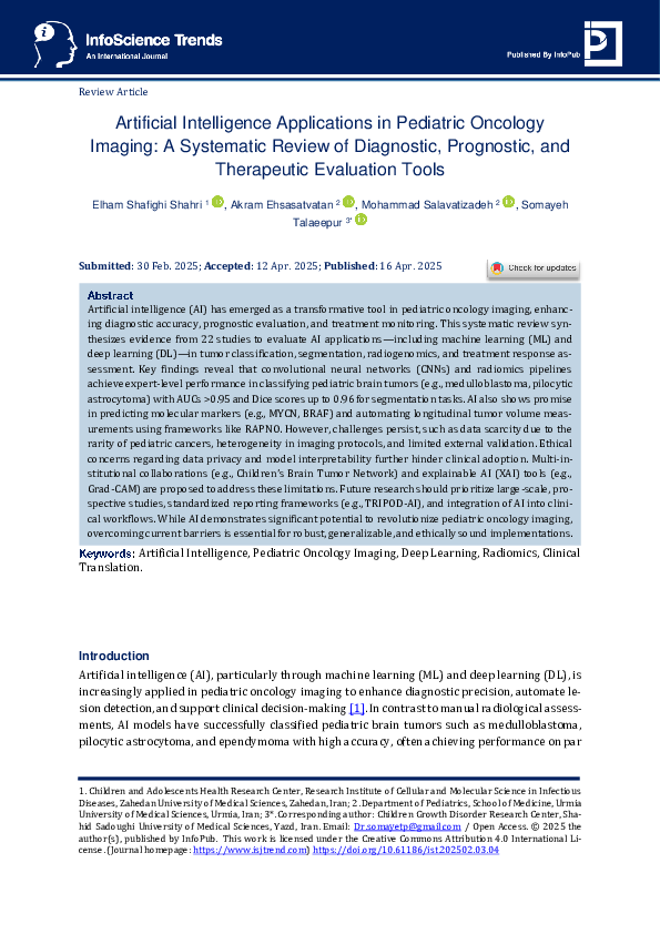 (PDF) Artificial Intelligence Applications in Pediatric Oncology Imaging: A Systematic Review of ...