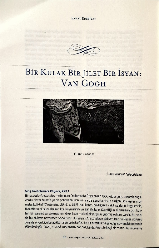 (PDF) Furkan SOYLU, Bir Kulak Bir Jilet Bir İsyan Van Gogh, Nida Dergisi, sayı 218, 2025, s.88-