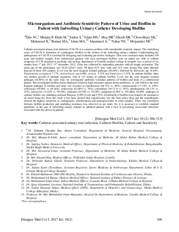 (PDF) Microorganism and Antibiotic Sensitivity Pattern of Urine and Biofilm in Patient with ...