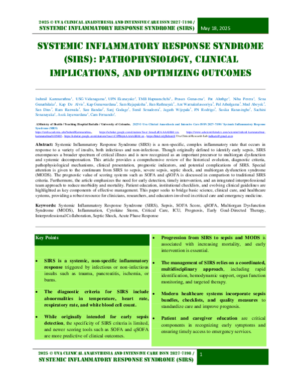 (PDF) Systemic Inflammatory Response Syndrome (SIRS): Pathophysiology ...