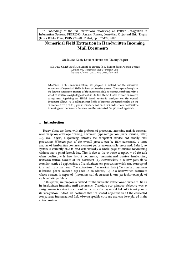 (PDF) Numerical Field Extraction in Handwritten Incoming Mail Documents