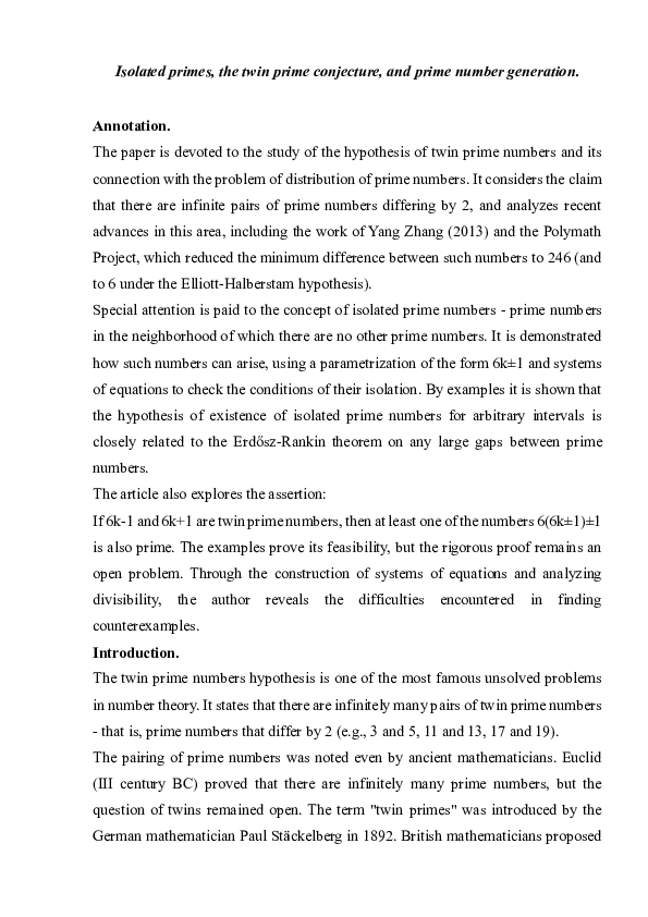 (PDF) Isolated primes, the twin prime conjecture, and prime number ...