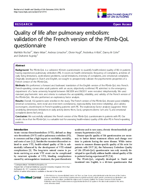 (PDF) Quality of life after pulmonary embolism: validation of the French version of the PEmb-QoL ...