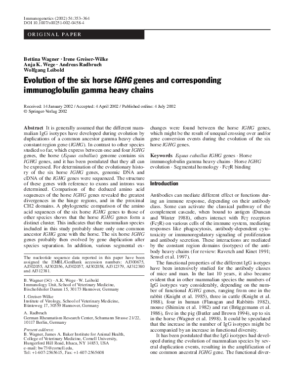 (PDF) Evolution of the six horse IGHG genes and corresponding ...