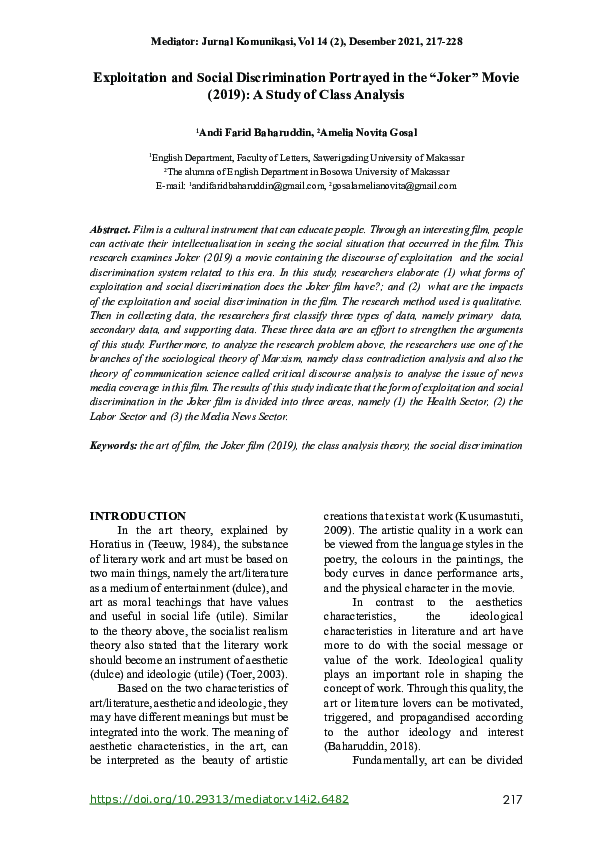(PDF) Exploitation & Social Discrimination Portrayed in the Joker Movie ...