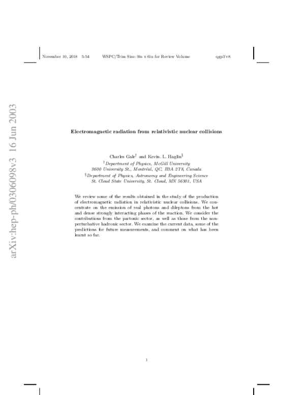 (PDF) Electromagnetic radiation from relativistic nuclear collisions
