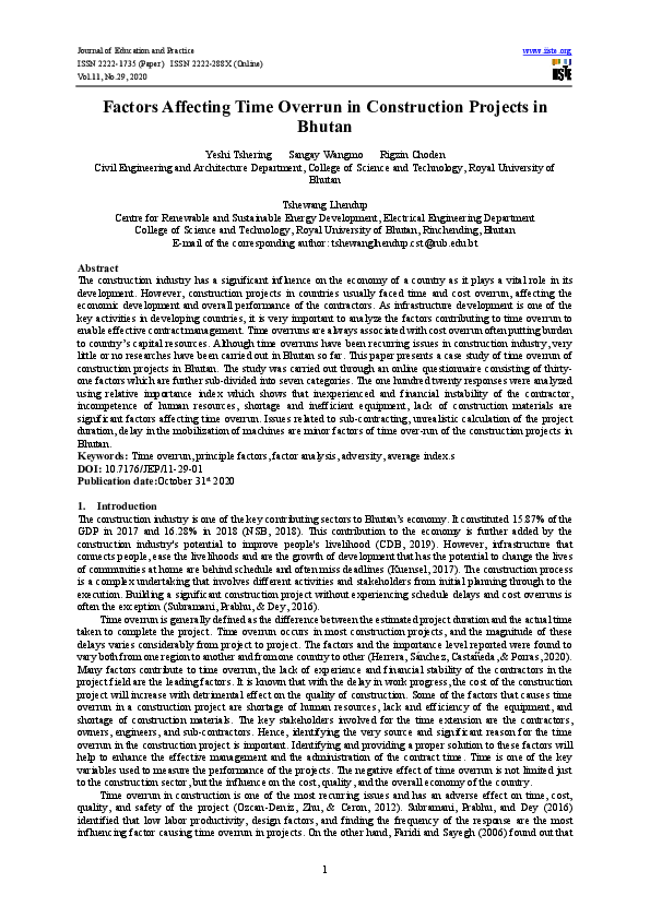 (PDF) Factors Affecting Time Overrun in Construction Projects in Bhutan