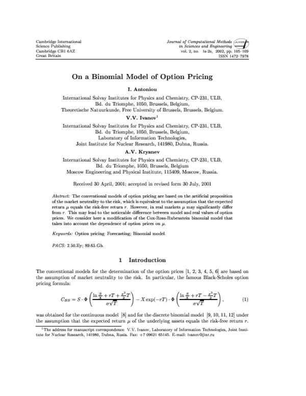 (PDF) On a Binomial Model of Option Pricing