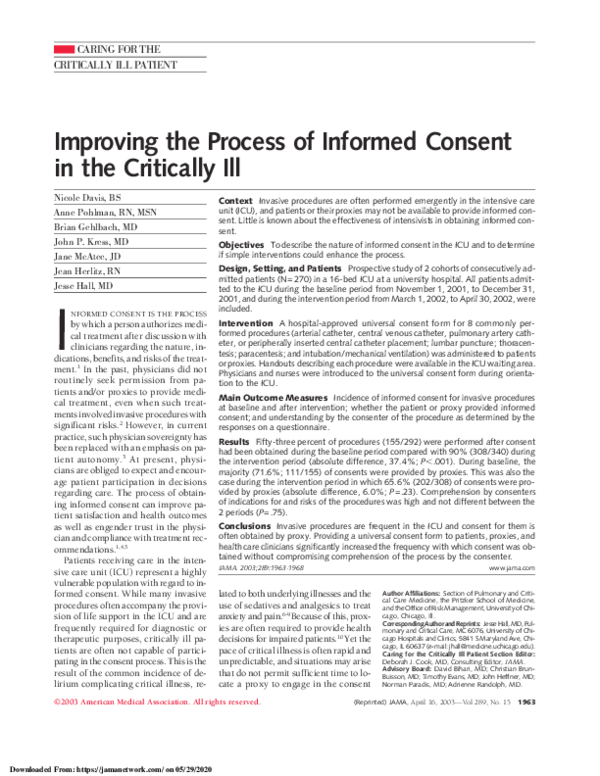 (PDF) Improving the Process of Informed Consent in the Critically Ill