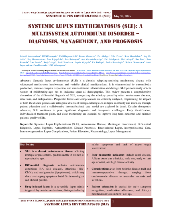 (PDF) Systemic Lupus Erythematosus (SLE) A Multisystem Autoimmune Disorder – Diagnosis ...