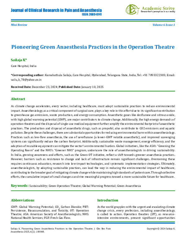 (PDF) Pioneering Green Anaesthesia Practices in the Operation Theatre