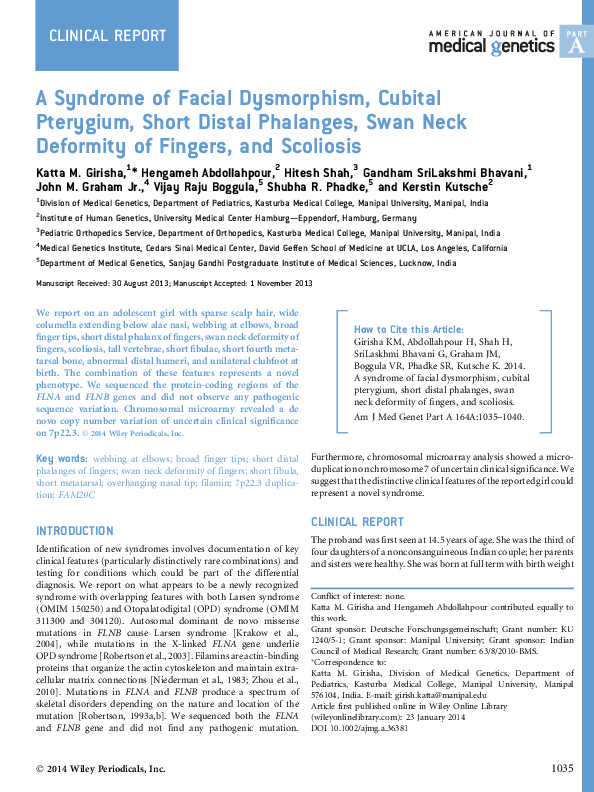 (PDF) A syndrome of facial dysmorphism, cubital pterygium, short distal ...