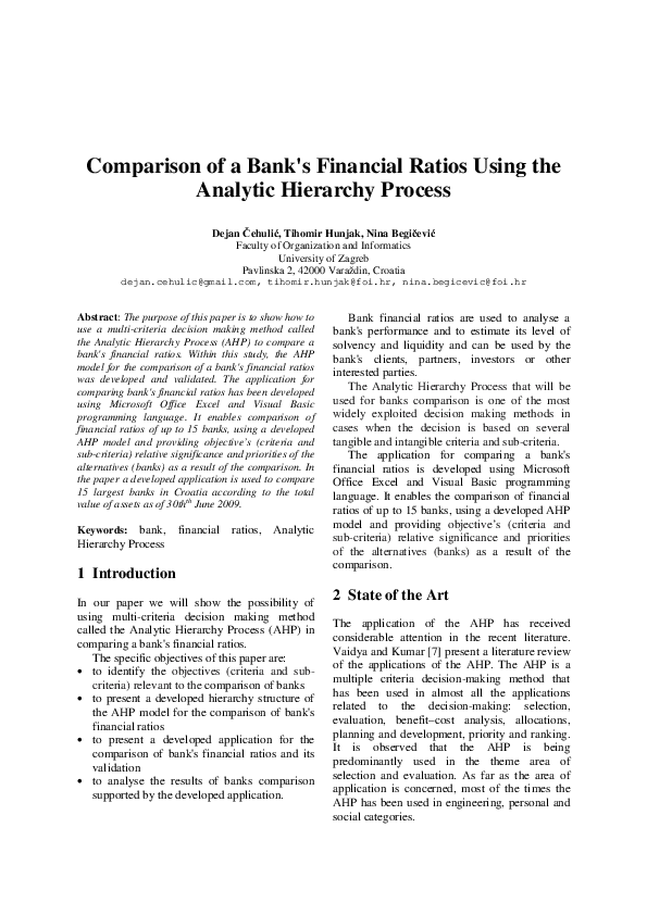 (PDF) Comparison of a Bank's Financial Ratios Using the Analytic ...