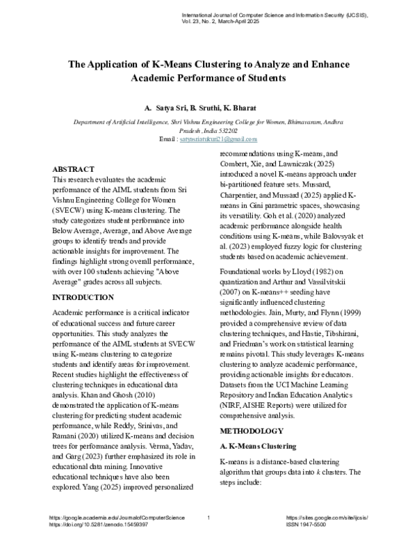 (PDF) The Application of K-Means Clustering to Analyze and Enhance Academic Performance of Students